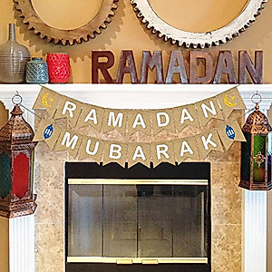 Ramadan Mubarak Banner Burlap - Ramadan Mubarak Decorations - Rustic Ramadan Mubarak Bunting Banner for Mantle Fireplace - Ramadan Party Decor Supplies