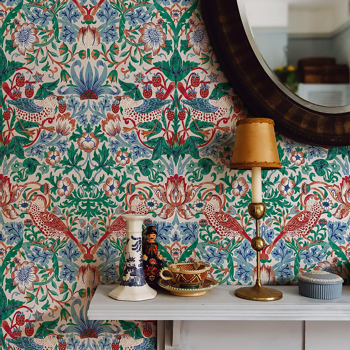 JiffDiff Vintage Wallpaper Peel and Stick Watercolor Floral Botanical Morris Wallpaper Strawberry Thief Easy Peel Off Wallpaper for Bedroom Mural Wall Decor Self-Adhesive 17.7in x 9.8ft