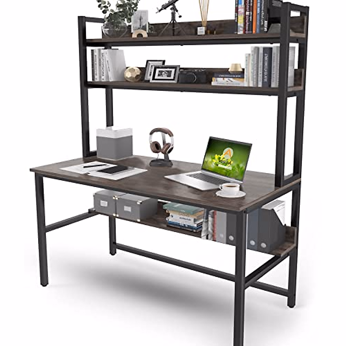 Aquzee Desk with Hutch, (Grey) 65 Inches Height Computer Desk with Space Saving Design, Metal Legs Desk with Bookshelf and Storage Shelves, Easy Assemble