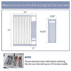 COSYSILK Over The Sink Roll Up Dish Drying Rack Dish Drainer for Kitchen Sink, Foldable Stanless Steel Roll Up Sink Dish Drying Rack with Utensil Holder for Sliverware Size 17.0" x 13.0" (Gray)
