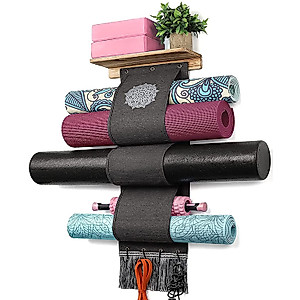 VINAEMO Yoga Mat Holder Wall Mount Storage Rack with 3 Sizes Pocket Wood Floating Shelves and 4 Hooks for Hanging Foam Roller Yoga Mats Yoga Block Home Gym Accessories Carbonized Black