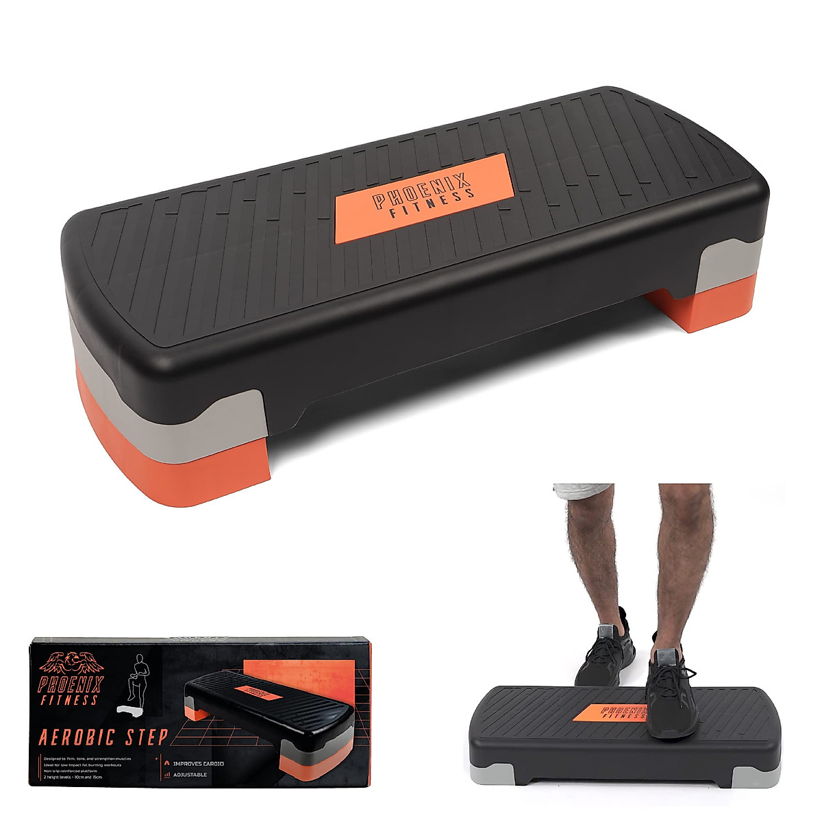 Phoenix Fitness Aerobic Step Platform - Adjustable Stepper for Exercise, Cardio, Core, Strength, Stamina and Resistance Training - Non-Slip Removable Risers for Home Gym Workout - Height: 4" & 6 Inch