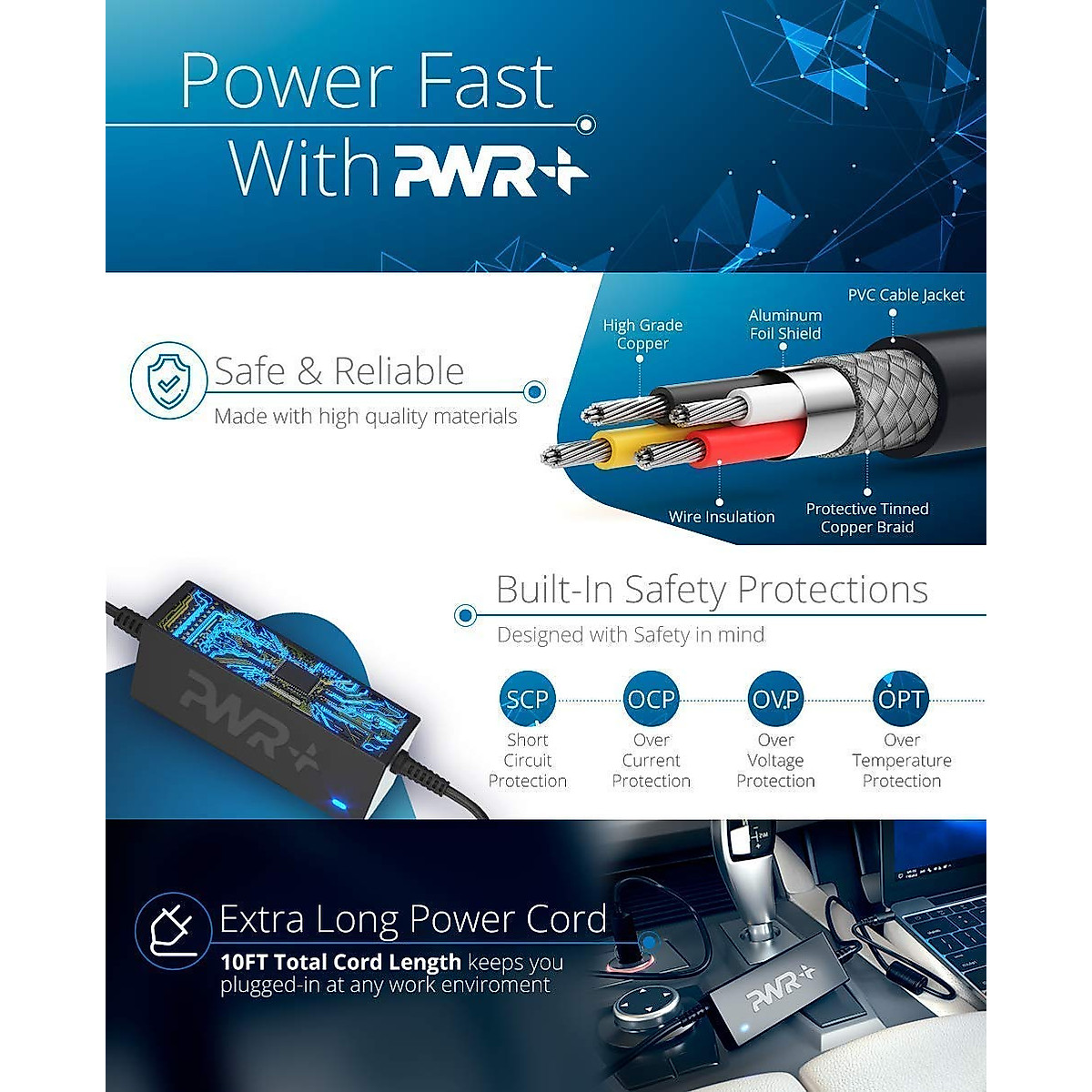 CAR Charger 90W 65W 45W for HP-Envy-Pavilion Touchsmart-Sleekbook 15 17 M6 M7 Series; Hp Spectre X360, Pro x360 G2; Pavilion X360 EliteBook X360 DC Auto Adapter Power Cord Extra Long 10 Ft