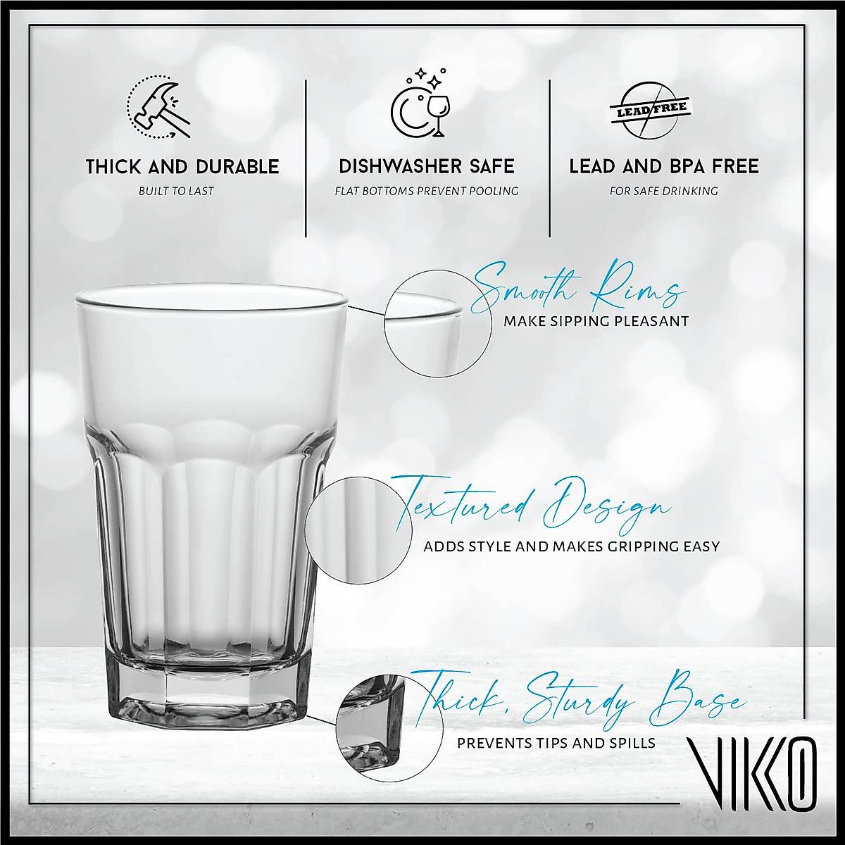 Vikko Drinking Glasses, Set of 6 Juice Glasses 9 Oz, Thick and Sturdy Kitchen Glasses, Dishwasher Safe Highball Glass Tumbler, Heavy Duty Cups, Water Glasses