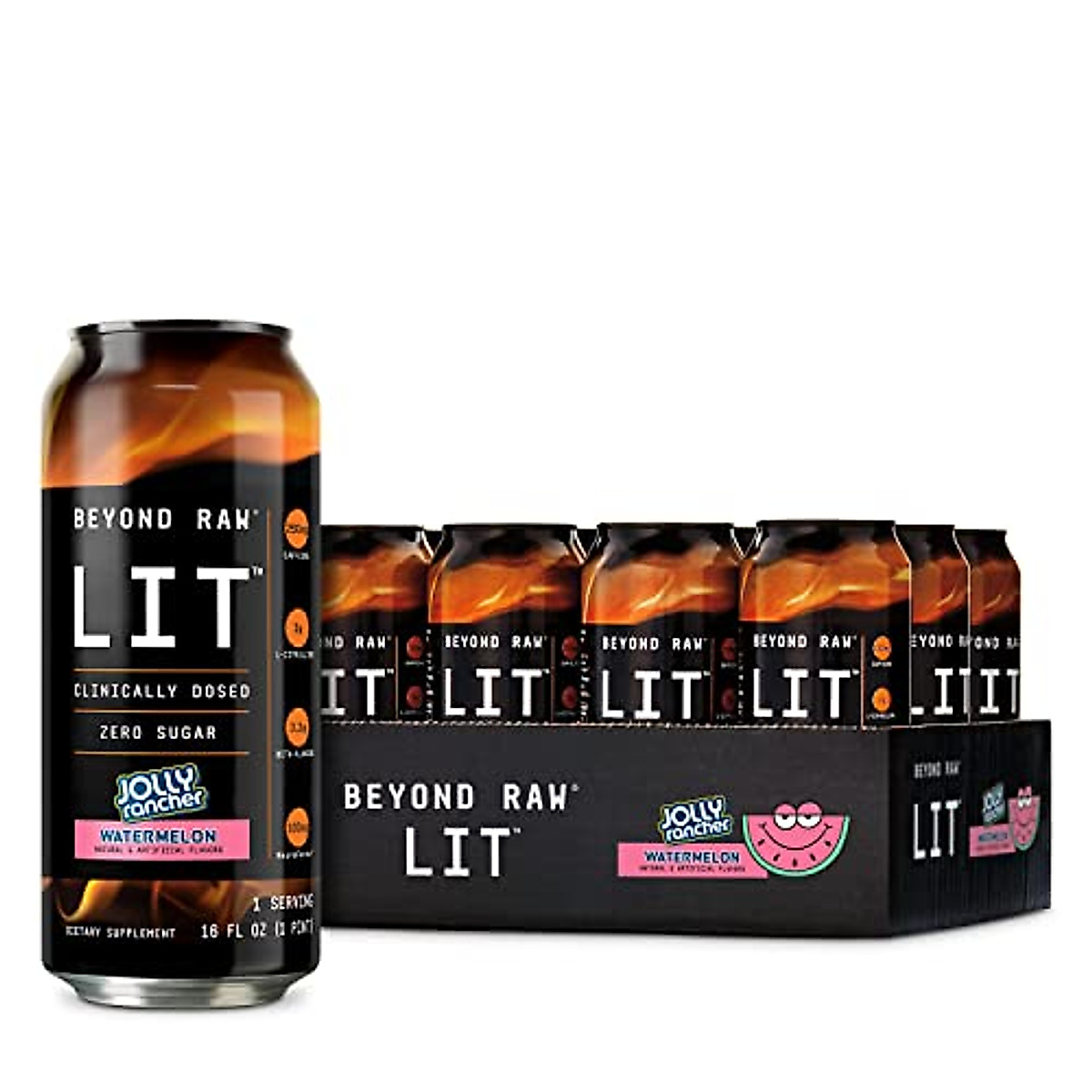 BEYOND RAW Lit On-The-Go | Ready to Drink Cans | Contains Caffeine, L-Citruline, and Beta-Alanine | Nitrix Oxide Preworkout Supplement | Jolly Rancher Watermelon | 12 Cans