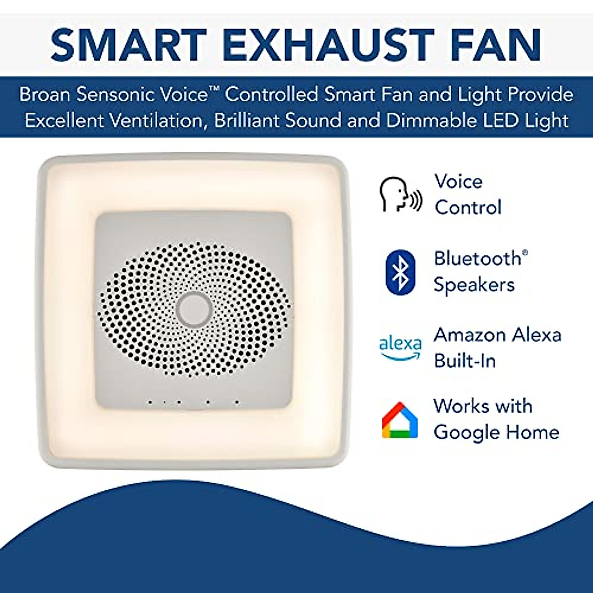 Broan-NuTone VC110CCT Sensonic Alexa Voice Controlled Smart Exhaust Fan with Dimmable LED Light and Bluetooth Speakers, 110 CFM