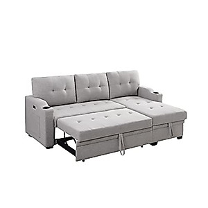 FANYE Linen Upholstery Tufted Sofa&Couch,L-Shaped Corner Reversible Sleeper Sectional Sofa Couch Sofabed w/Storage Chaise,Cupholders, USB Charging Port and Pockets for Living Room Furniture Set