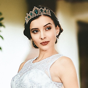 Generic Wedding Bridal Flower Jewelry Set Baroque Tiara Crystal Crown with Comb Retro Rhinestone Necklace Earrings Bridesmaids Queen Costume for Prom Party ( Green )