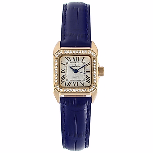 Peugeot Women's 14K Gold-Plated Tank Crystal Bezel Roman Numeral Blue Leather Band Watch 3052BL