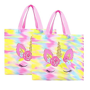 NICE CHOICE Colorful Rainbow Unicorn gift bag Medium Recycled Gift Bag Birthday Party Goodie Candy Tote Bags with Handle for Girls Kids (2 pcs)