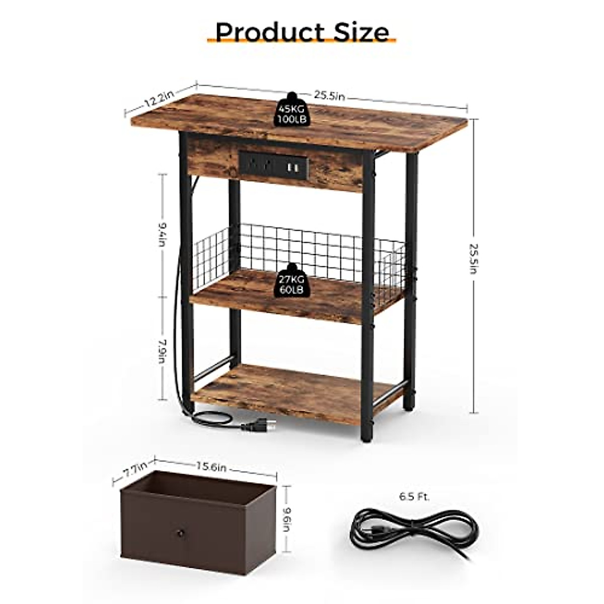 GiveBest End Table with Charging Station, Narrow Side Table with Cloth Drawer and Open Storage, Sofa Table with USB Ports and Outlets, Slim Bedside Table with Open Shelves for Living Room, Office