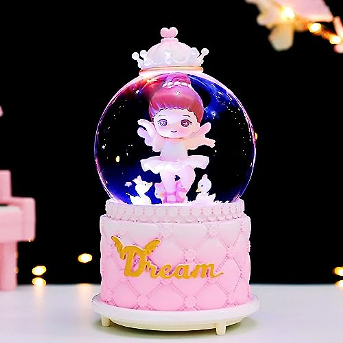Ballerina Snow Globe, 80mm Water Globe Music Box with Color Changing LED Lights for Wife Girlfriend Daughter Girls Birthday Christmas Valentine (Pink)