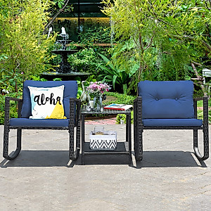 Tangkula 3 Pieces Patio Wicker Rocking Bistro Set, Outdoor Rocking Chair Furniture Set w/Cushioned Seat, Conversation Set w/Glass Coffee Table and Storage Shelf (Navy Blue)