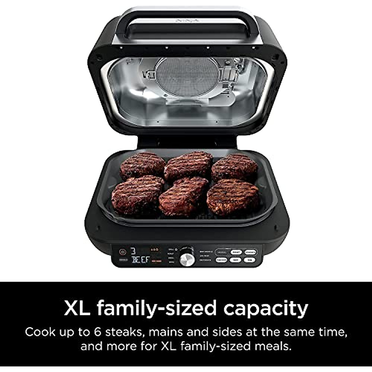 Ninja IG651 Foodi Smart XL Pro 7-in-1 Indoor Grill/Griddle Combo, use Opened or Closed, with Griddle, Air Fry, Dehydrate & More, Pro Power Grate, Flat Top Griddle, Crisper, Smart Thermometer, Black (Renewed)