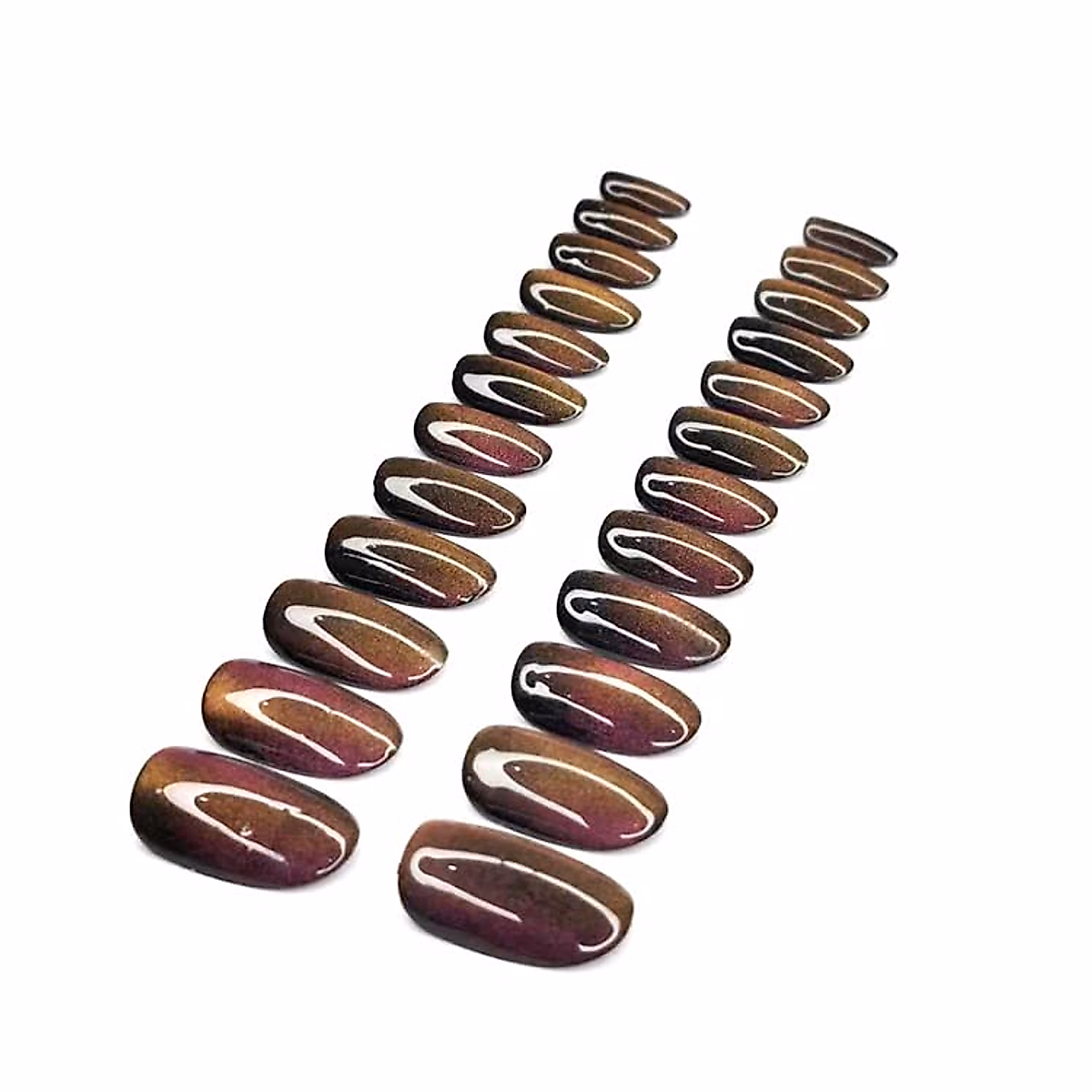 Purple Cat Eye Press on Nails Medium Length Round False Nails 24 Pcs Dark Purple Glossy Glue on Nails Color Changing with Light Luxury Acrylic Fake Nails for Women Girls