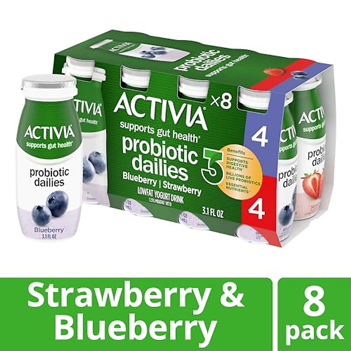 Activia Probiotic Dailies Strawberry and Blueberry Lowfat Yogurt Drinks, Delicious Daily Probiotic Yogurt Drinks to Help Support Gut Health, 8 Ct, 3.1 FL OZ