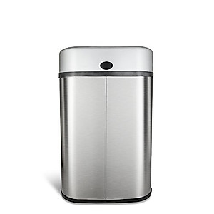 NINESTARS Automatic Touchless Infrared Motion Sensor Trash Can with Stainless Steel Base & Oval, Silver/Black Lid, 21 Gal
