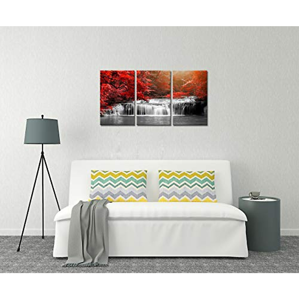 Visual Art Decor 3 Pieces Black White and Red Canvas Wall Art Red Forest Waterfall Poster Print Landscape Picture Framed Artwork for Office and Home Decor Ready to Hang 12x16inchx3pcs