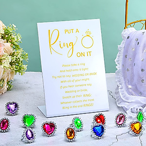 Woanger Put a Ring on It Game with 100 Pcs Fake Rings, Plastic Rings for Bridal Shower Game, Acrylic Sign for Guests Engagement Wedding Decoration