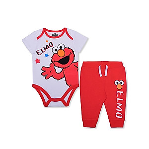 Sesame Street Boys’ Elmo Bodysuit and Jogger Set for Newborn and Infant – Red/White