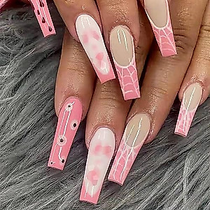 Halloween Fake Nails Long Coffin Press on Nails with Pink White Spooky Ghost Spider Web Eyeballs Blood Drops Glue on Nail Designs Artificial French Tips Full Cover on Nails for Women and Girls 24 Pcs