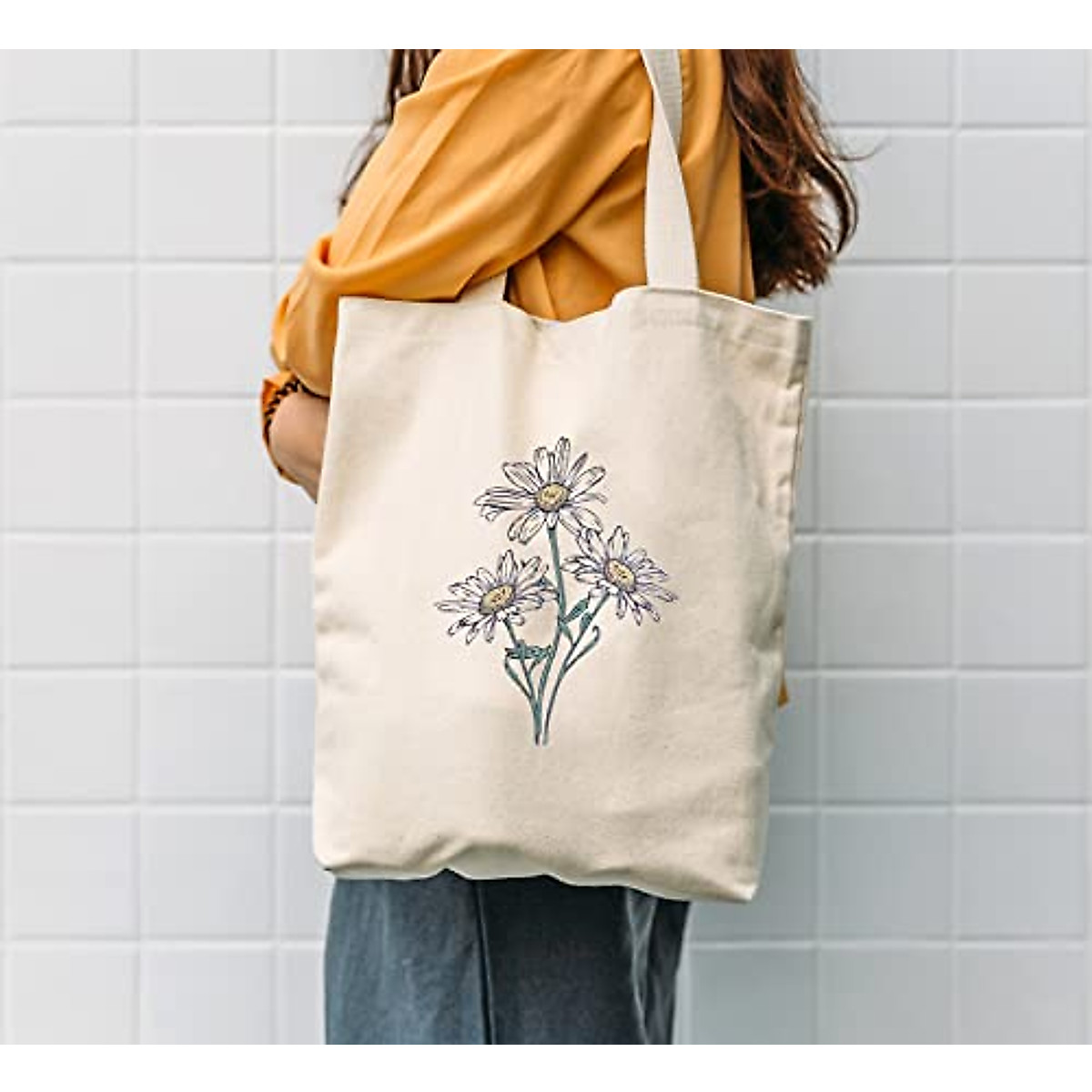 Canvas Floral Botanical Tote Bag for Women, Reusable Grocery Bags, Cute Cat Tote Bags Aesthetic for Shopping