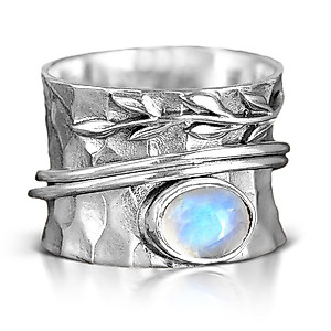 Boho-Magic 925 Sterling Silver Leaf Spinner Fidget Ring for Women with Moonstone Gemstone (9)