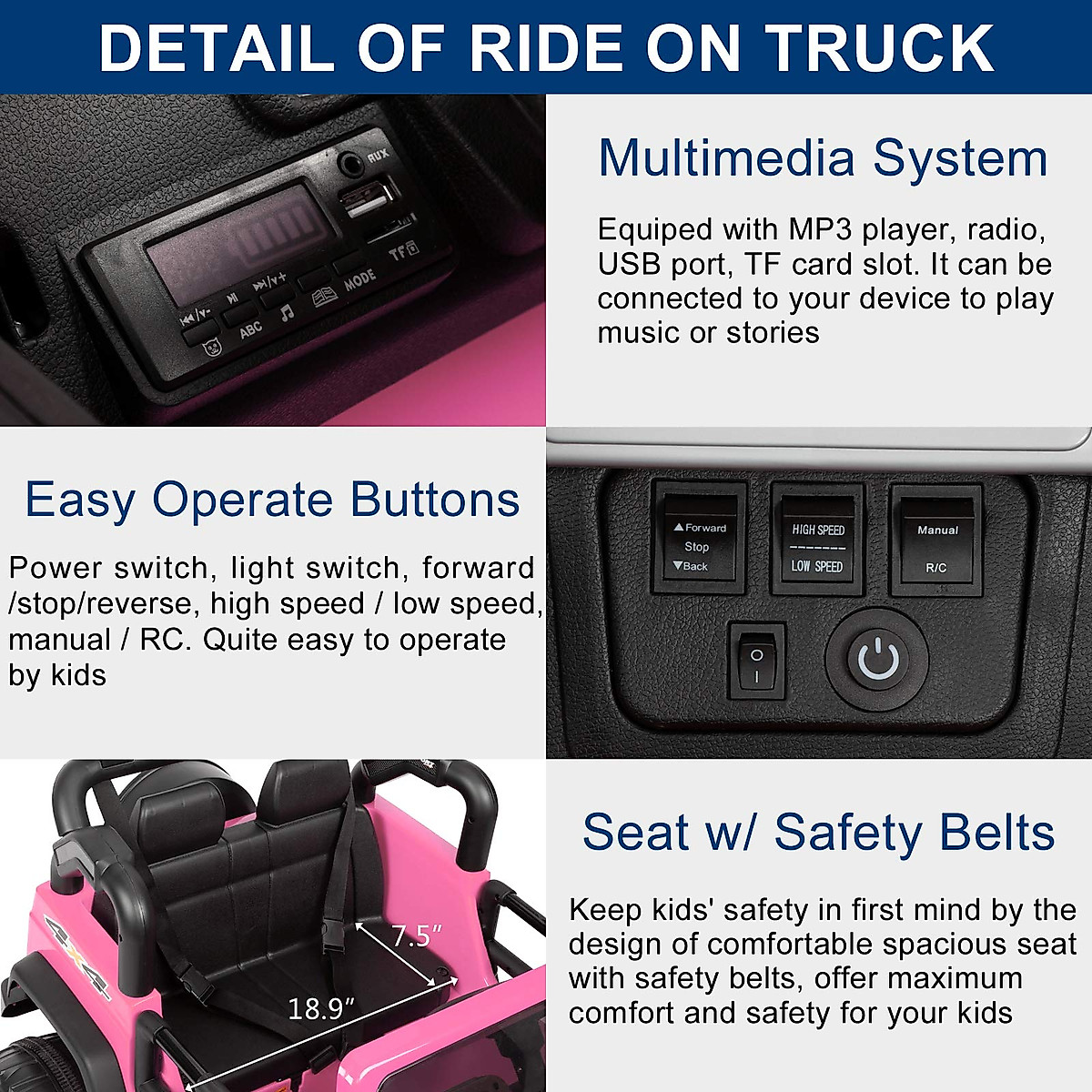 VALUE BOX Safety 12V Electric Two Seaters Ride On Car, Remote Control Kids Toddler Ride On Cars Motorized Vehicles Toy Car, Wheels Suspension, Seat Belts, LED Lights and Horn (Pink)