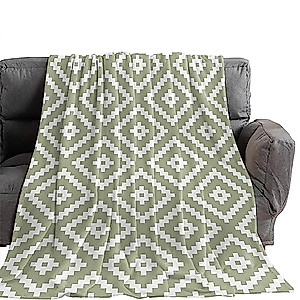 Throw Blanket- Abstract Geometric Soft Warm Plush Fleece Bed Throw,50x60In Flannel Blankets Saga Green White Diamond Squares Bedding Throws for Women/Men Bedroom Living Room Office Decor Minimalist