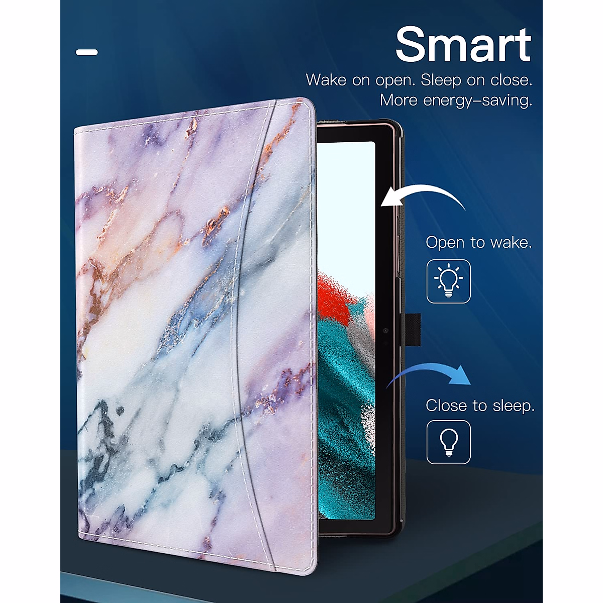 MoKo Case for Samsung Galaxy Tab A8 10.5 Inch 2022 (SM-X200/X205/X207) with Flexible Hand Strap & Pocket, Multi-Angle Viewing Stand Lightweight Protective Cover, Auto Sleep/Wake, Purple Marble