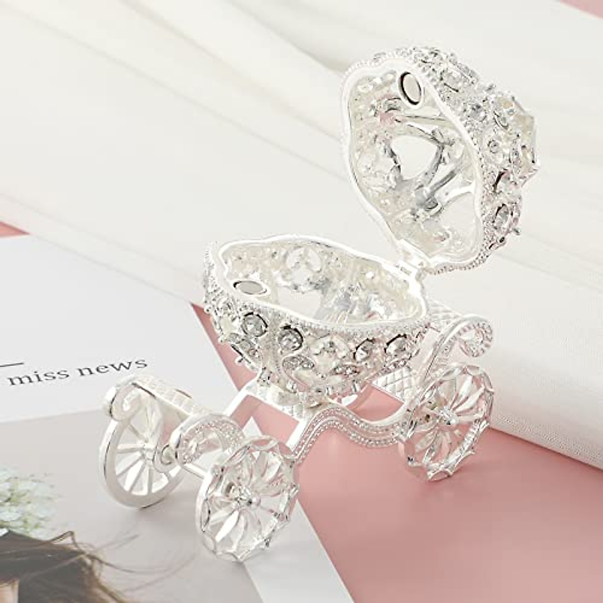 NUOBESTY Crystal Pumpkin Carriage Trinket Box Rhinestone Princess Cinderella Carriage Jewelry Box Hand Painted Jewelry Display Organizer Collectible Figurine Ornament for Women