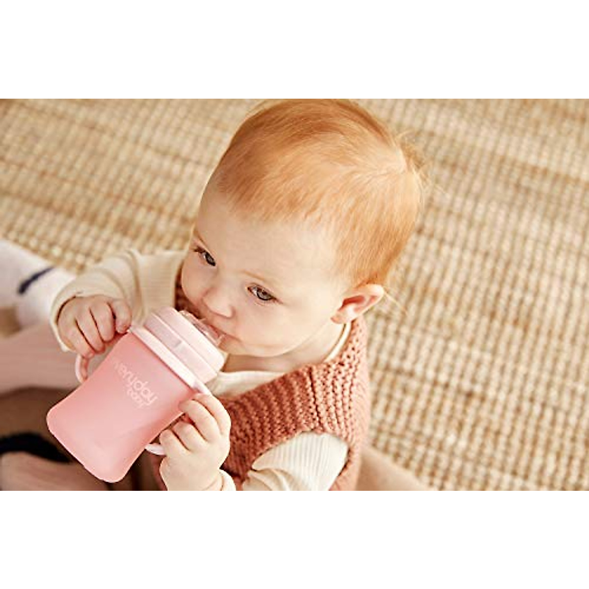 everyday baby Glass Sippy Cup with Silicone Sleeve, Spout, Drinking Handles, and Protective Cap - 150ml (5oz) - Rose Pink (for babies 6 months and up)