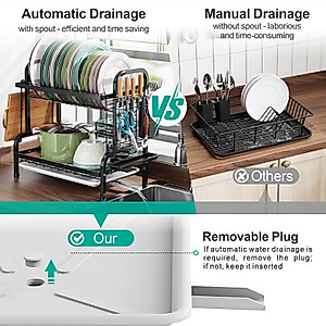 Swedecor Dish Drying Rack - 2 Tier Dish Rack Rust Resistant Small Dish Drainer with Drain Spout and 4 Hooks Utensil Holder for Kitchen Countertop Saving Space, Black