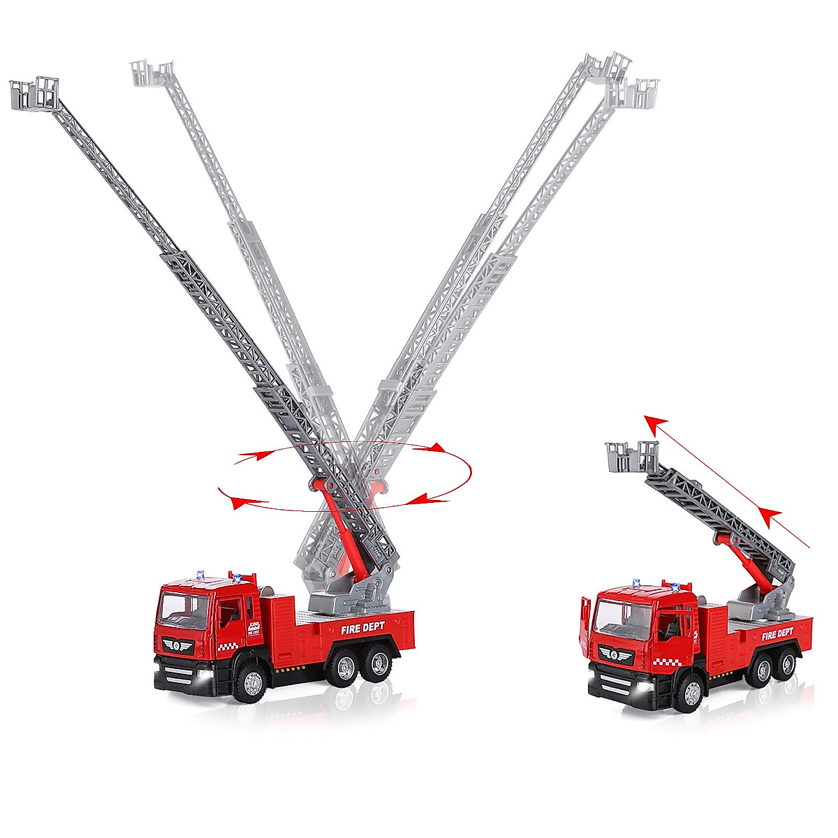 haomsj Metal Micro Fire Truck Extending Rescue Rotating Ladder Toy Truck for Boys 3 4 5 6 7 Year Old（Ladder Truck）