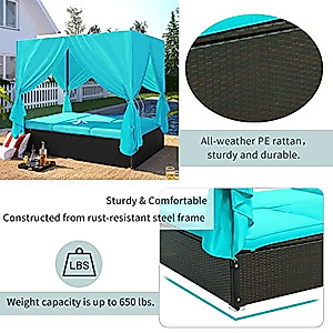 Merax Outdoor Patio Wicker Sunbed Daybed with Canopy, Overhead Curtains, Cushions, Lounge Chairs with Adjustable Seats, Blue