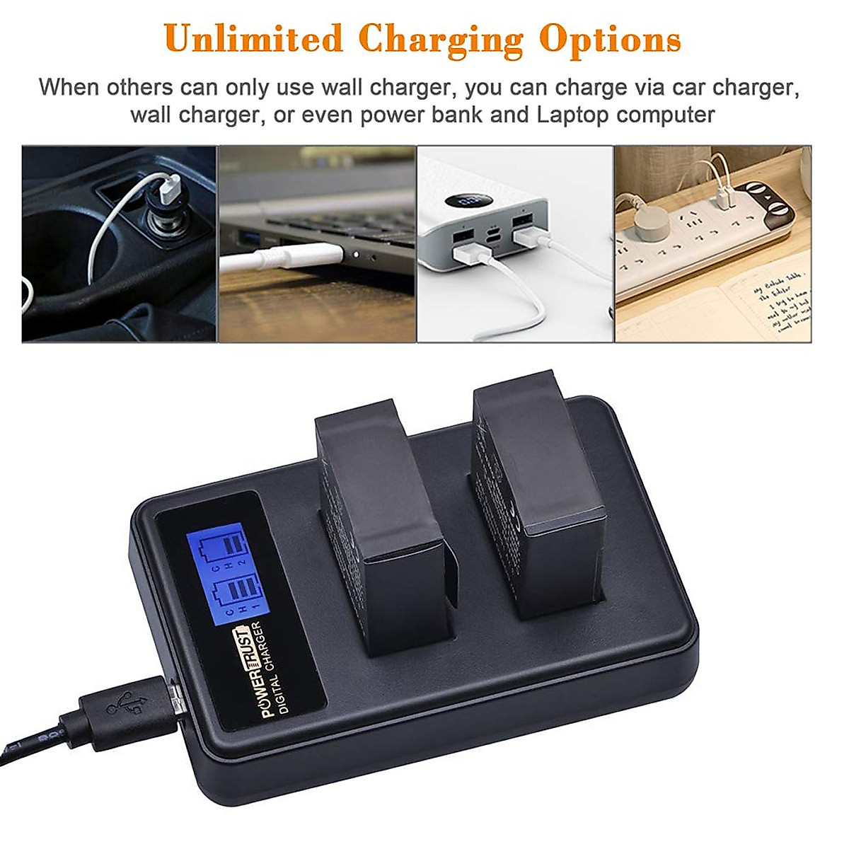 PowerTrust 3Pcs 3.7V 1600mAh AHDBT-301 Battery for GoPro Hero3 AHDBT301 AHDBT-302 AHDBT-201 Li-ion Camera Battery and LCD USB Dual Charger