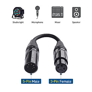 Cable Matters 2-Pack 5 Pin to 3 Pin DMX Lighting Cable 6 Inches (5-Pin Male to 3-Pin Female XLR Cable, 3 Pin to 5 Pin DMX Adapter Cable) in Black
