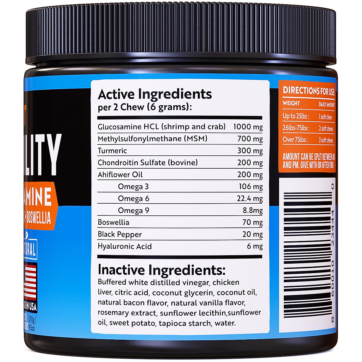 Senior Dog Joint Supplement -1000mg Glucosamine for Dogs -Advanced Hip & Joint Support Chews w/Glucosamine, Chondroitin, MSM, Turmeric & Omega 3 for Pain & Inflammation Relief, Improved Mobility
