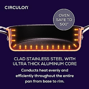 Circulon C1 Series Clad Stainless Steel with ScratchDefense Technology Cookware Nonstick Induction Frying Pan/Skillet with Lid, Metal Utensil Safe, 12.5 Inch Fry Pan - Polished Stainless Steel