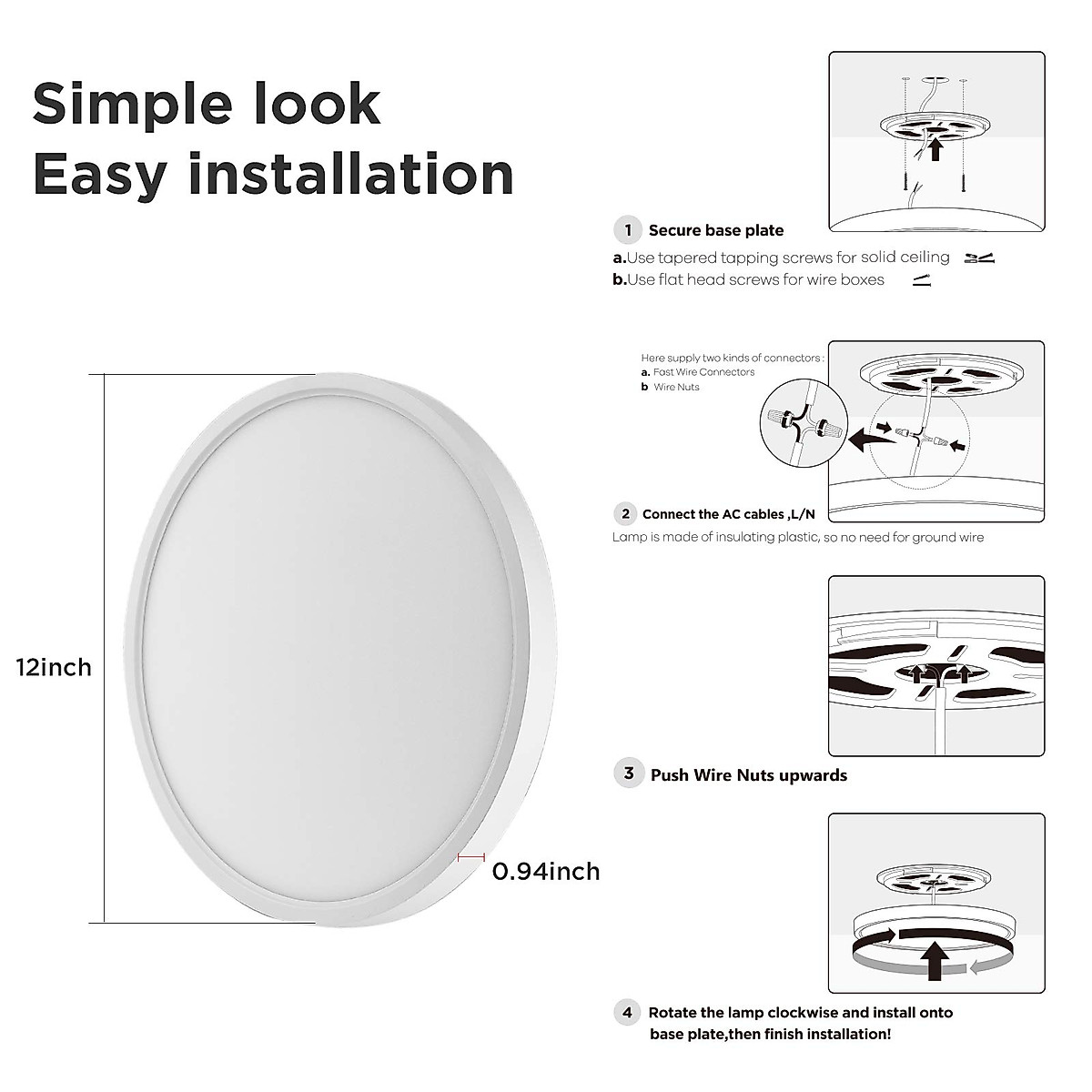 TALOYA Dimmable Flush Mount LED Ceiling Light,3 Color in One (3000K/4000K/6500K) White 12inch 20W=200W Round Flush Mount Light Fixture for Bedroom Kitchen