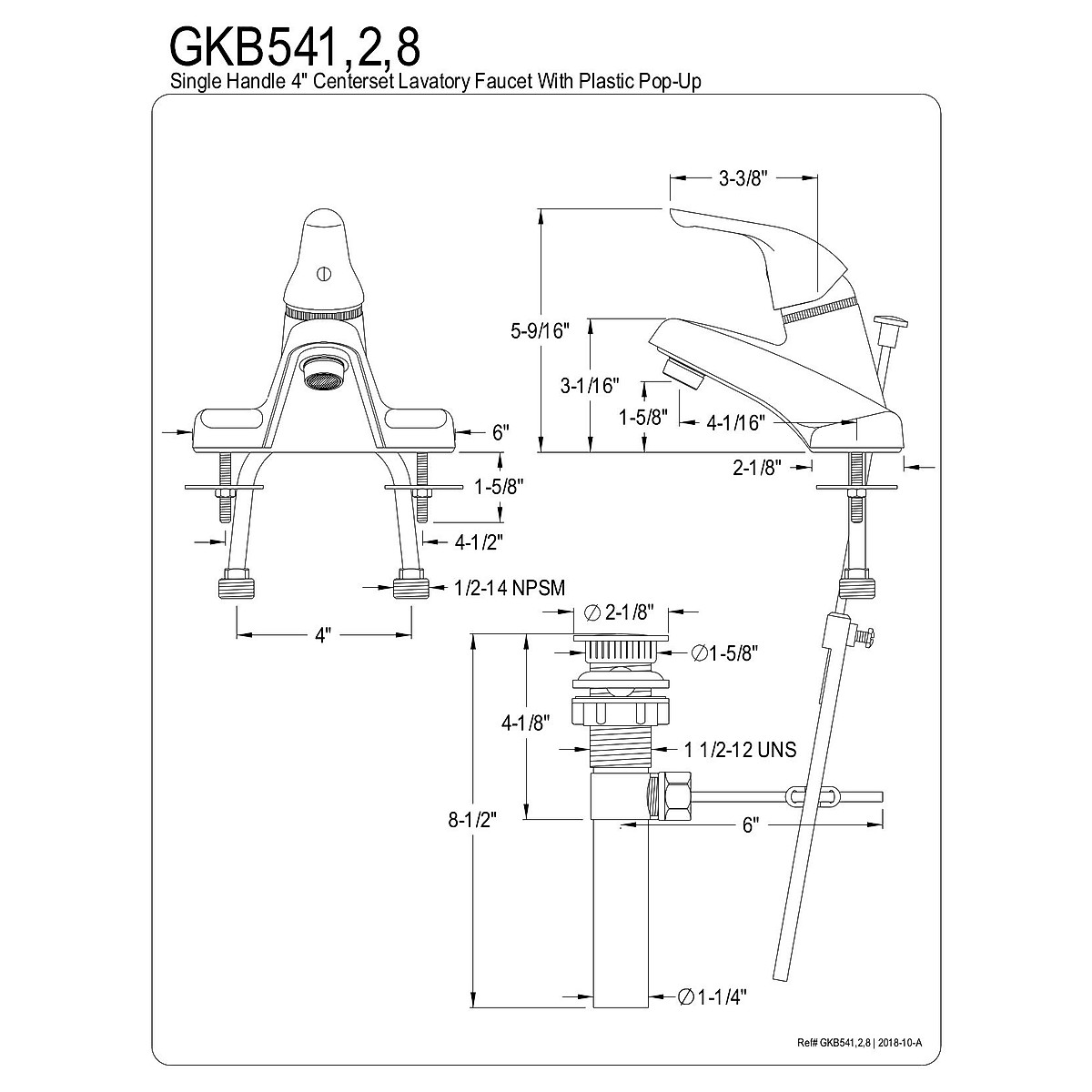 Kingston Brass GKB542 Chatham 4" Centerset Bathroom Faucet, Polished Brass, ABS/Plastic Pop-Up