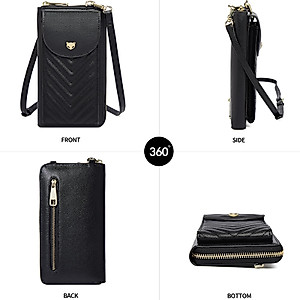 FOXLOVER Leather Small Crossbody Bags Cell Phone Purse for Women Fashion Shoulder Bag RFID Blocking Wallet Purse with Credit Card Slots(Black Quilted)