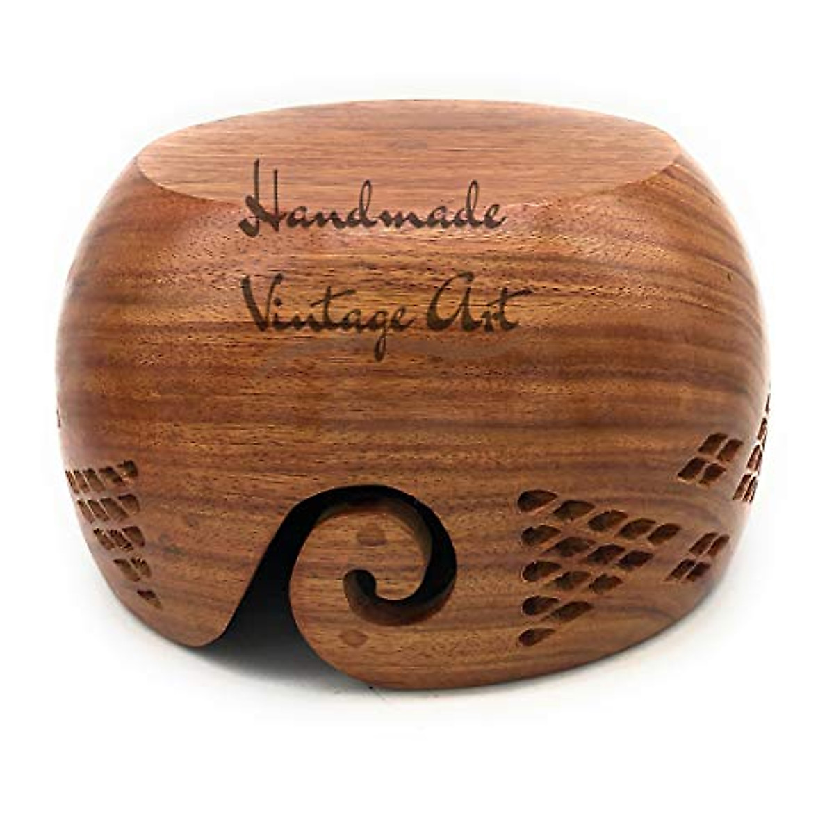 Handmade Sheesham Wood Crafted Wooden Yarn Storage Bowl with Carved Holes & Drills, Knitting Crochet Accessories, 7 x 7 x 4 inches