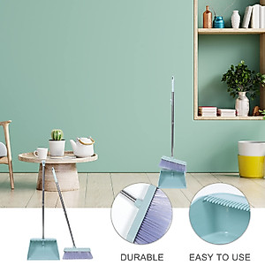 Broom and Dustpan Set Long Handle Stand Up Dustpan and Broom Set Household Brooms for Home Kitchen Room Cleaning Tool (Blue)