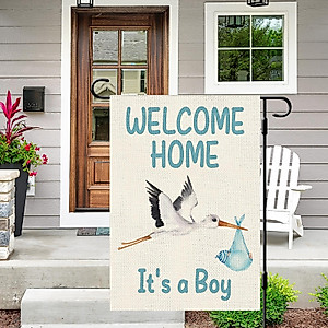 DLZDN Welcome Home Baby Boy Garden Flag Baby Shower Garden Flag 12×18 Inch Double Sided Burlap Flag Newborn Gender Reveal Lawn Yard Sign Stork Outdoor Decoration