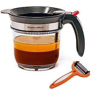 Cook Army Fat Separator with Bottom Release – 4 Cup Gravy Separator for Cooking with Oil Strainer, Kitchen Grease Separator -the perfect Kitchen Gadget plus a 3-1 Multifunctional Vegetable Peeler