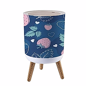 Small Trash Can with Lid Hand Drawn Strawberry Seamless Cartoon Fresh Berry with Hearts Pink Wood Legs Press Cover Garbage Bin Round Waste Bin Wastebasket for Kitchen Bathroom Office 7L/1.8 Gallon