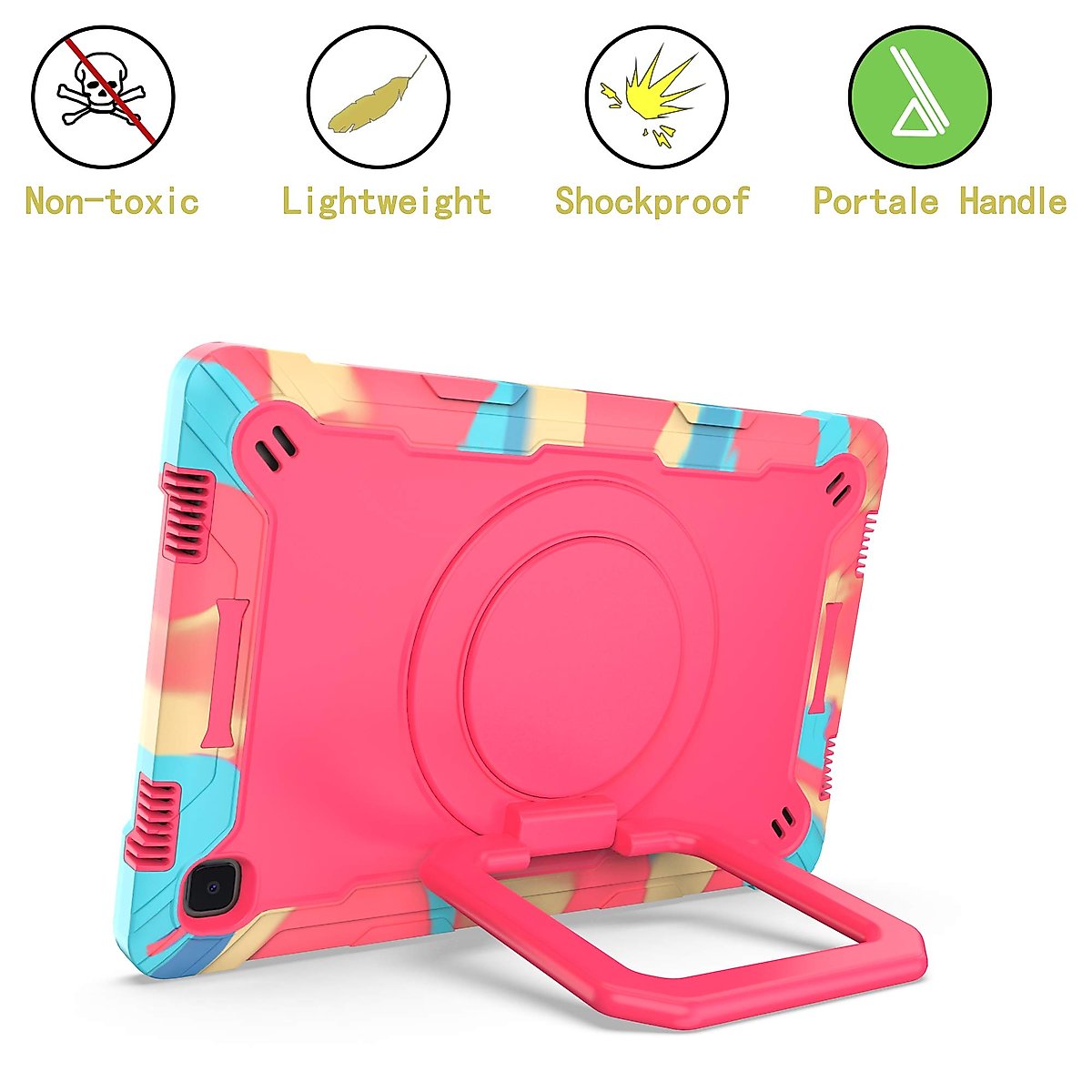 TDA Trading Case for Samsung Galaxy Tab A7 10.4" 2020 (SM-T500/ SM-T503/ SM-T505/ SM-T507) - Hybrid Shockproof 360 Rotating Multi-Functional Ring Stand Case with Shoulder Straps (Multicolor/Pink)