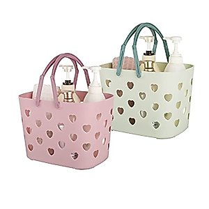 Anyoifax 2 Pack Portable Shower Caddy Tote Plastic Storage Basket with Handle Box Organizer Bin for Bathroom, Pantry, Kitchen, College Dorm, Garage, Set of 2 - Pink & Green