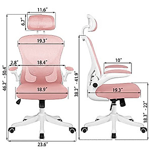 Misolant Office Chair, Ergonomic Desk Chair, Computer Chair, Mesh Office Chair, Office Chair with Adjustable Lumbar Support and Headrest, Executive Office Chair Pink, Desk Chair with Flip-up Armrest